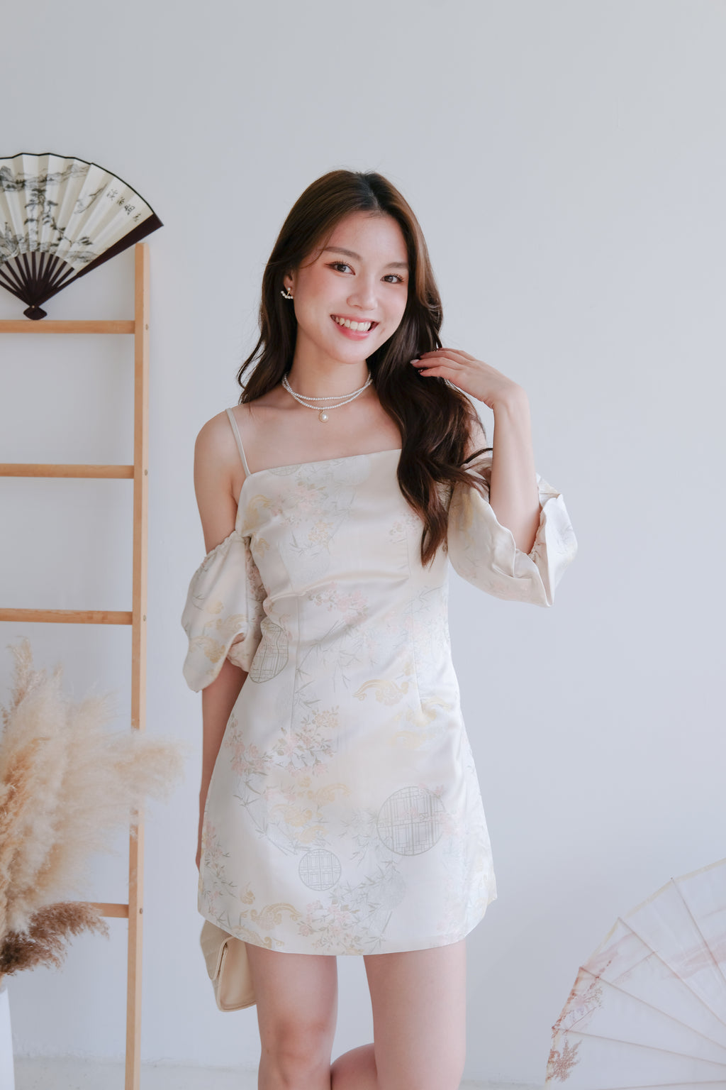 Ya Yun Tropical Cold Shoulder Dress (Champagne)