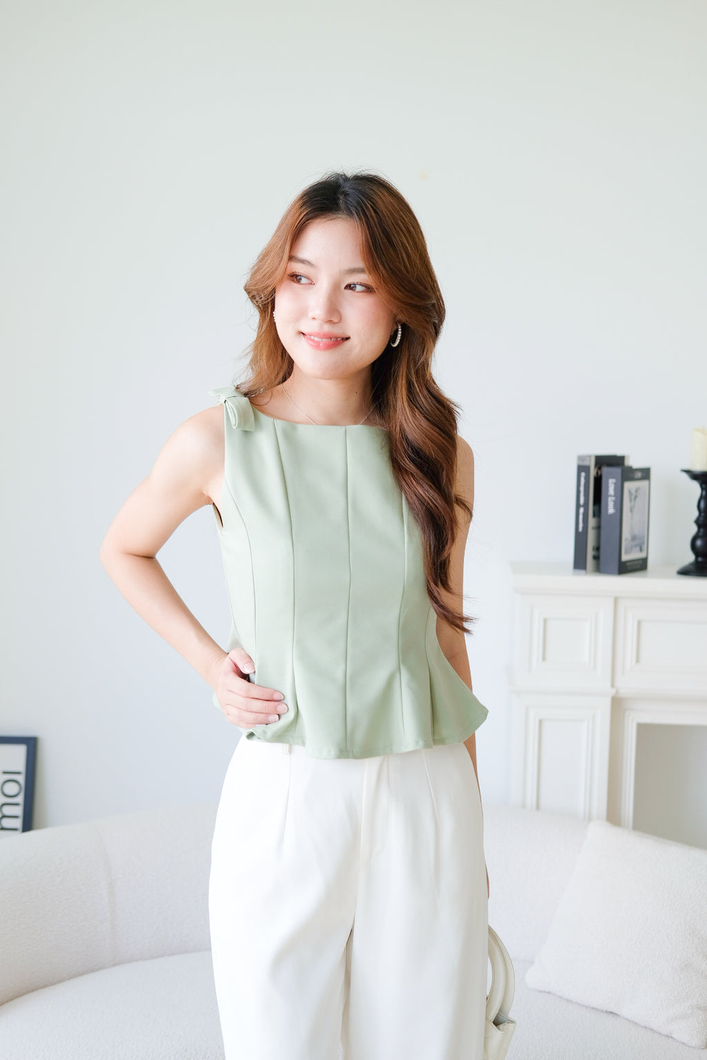 Alyssa Bow Peplum Crop Top (Avocado Green)