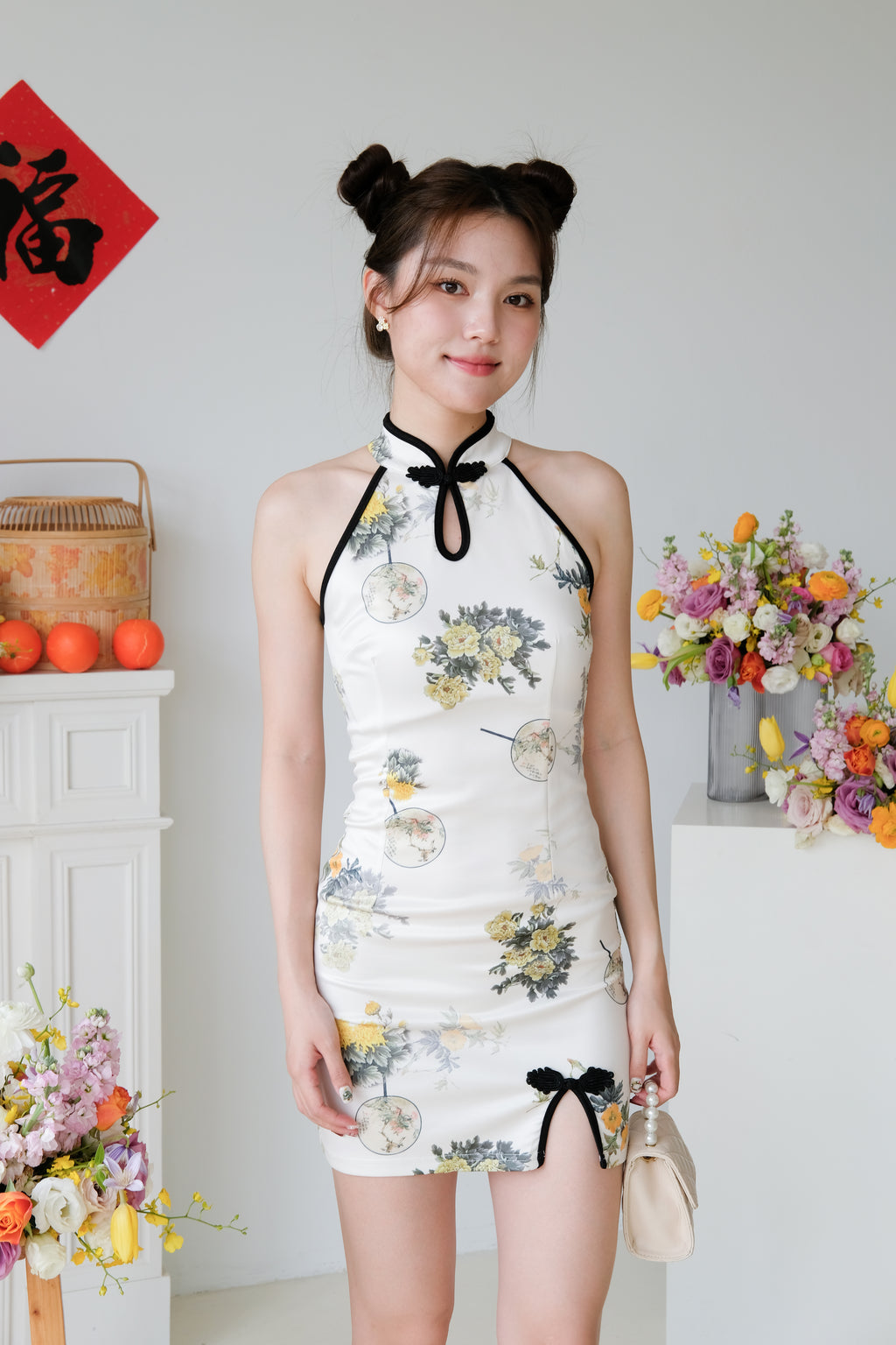 Fuqi Halter Mini Cheongsam (Cream)