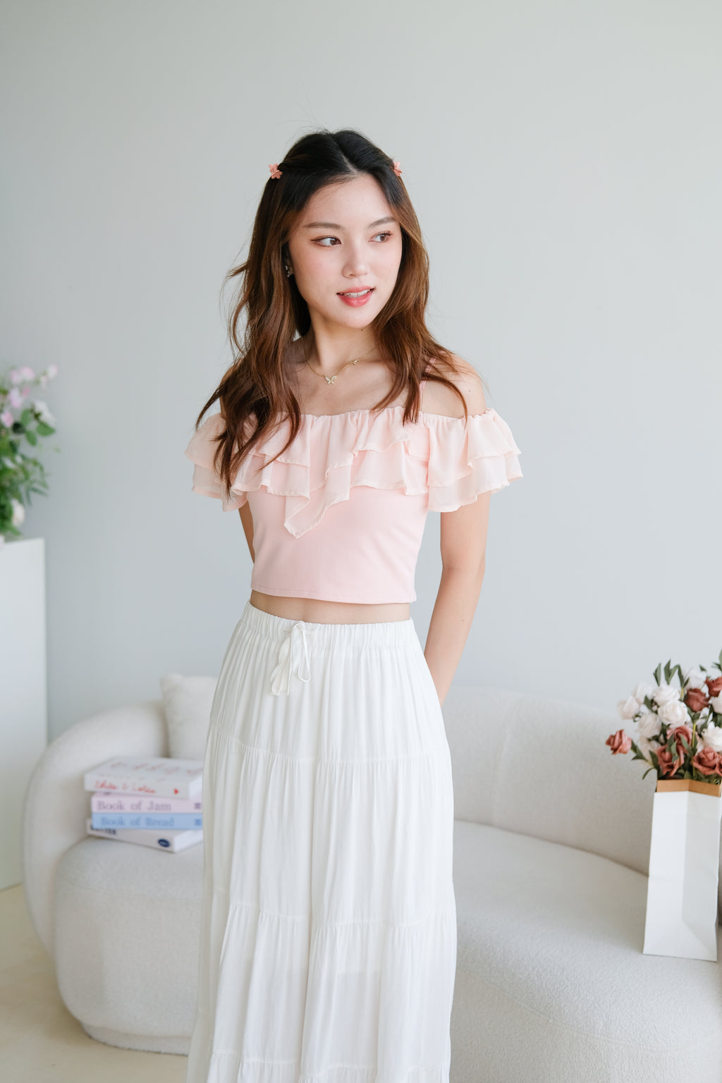 Sandra Cold Shoulder Ruffle Top (Blush Pink)