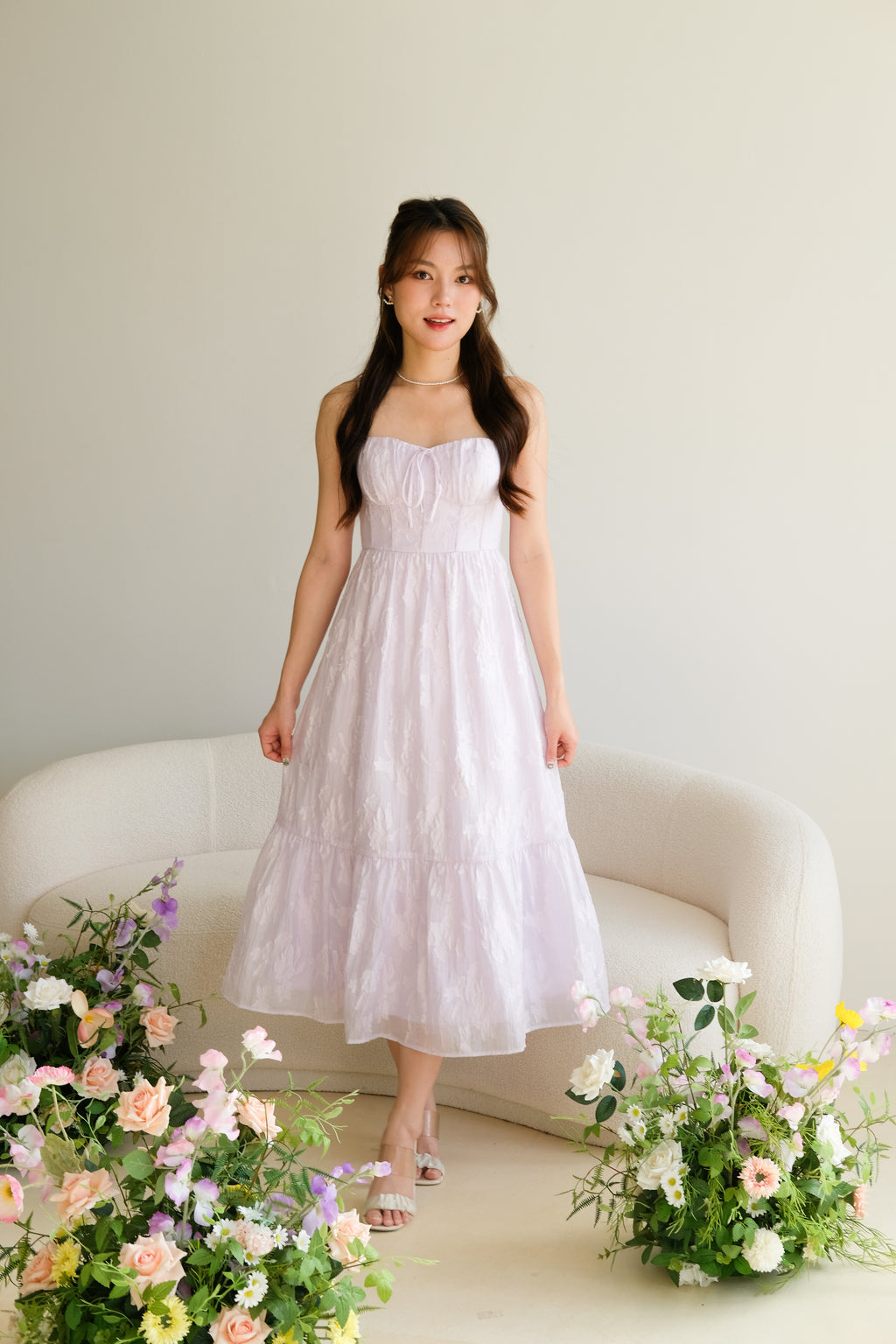 Whimsical Padded Organza Floral Maxi Dress (Pastel Lilac)
